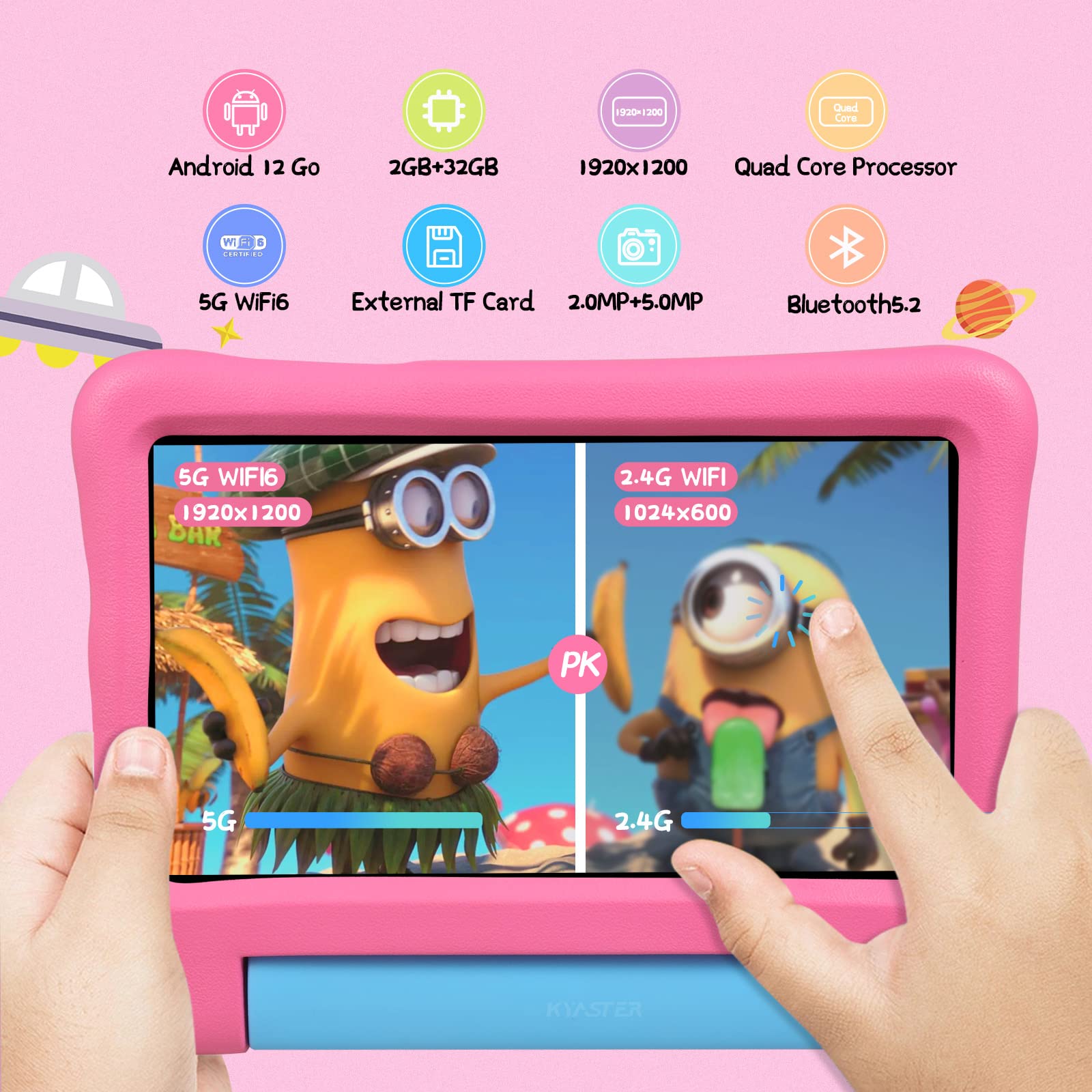 KYASTER Kids Tablet, Toddler Tablets,7 inch 5G WiFi 6 Android 12, Full HD 1920x1200 IPS Screen, 2GB RAM 32GB ROM,Parental Controls for Learning Gaming,EVA Kids-Proof Case with Stylus