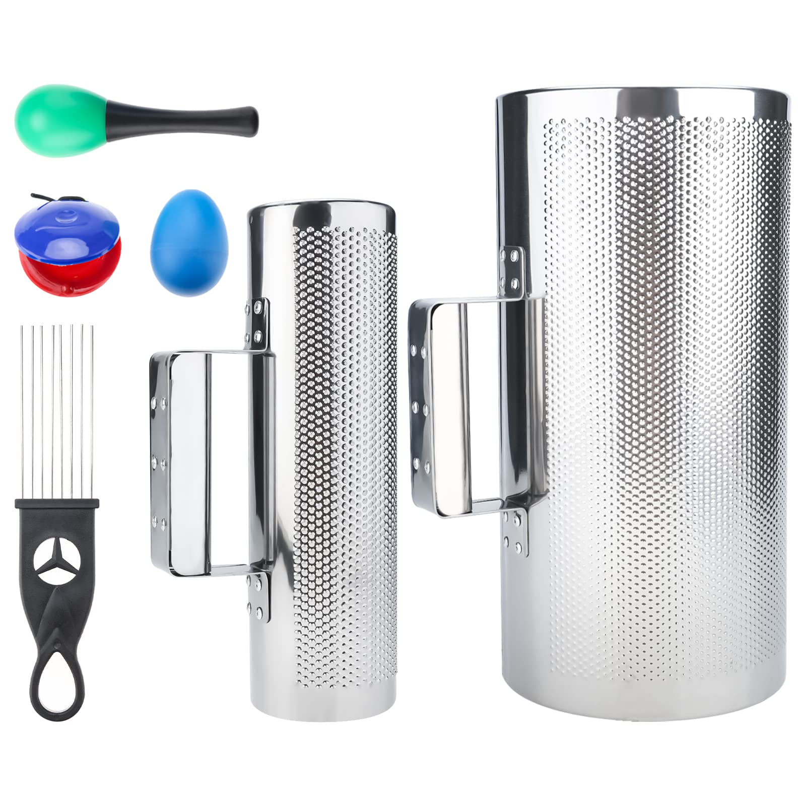 Patioer Metal Guiro, 12" x 6" & 10" x 3" Stainless Steel Guiro Percussion Instrument with Scraper Guiro Shaker Latin Percussion Musical Training Tool, with Egg Shaker Maracas Castanets Set