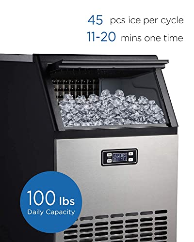 Northair Commercial Ice Maker, Built-In Stainless Steel Ice Machine, 100LBS/24H, Free-Standing Design for Party Gathering, Restaurant, Bar, Coffee Shop w/Ice Shovel, Hose