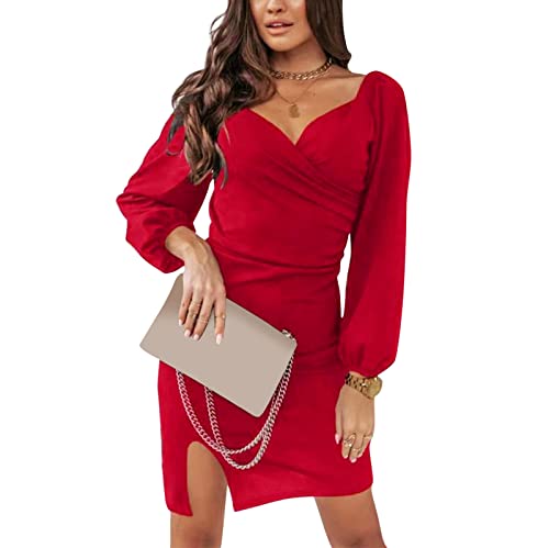 Pinkpaopao Solid Color Party Dress for Women Balloon Long Sleeve Ruched Patchwork Loose Shift Dress Mini Dress