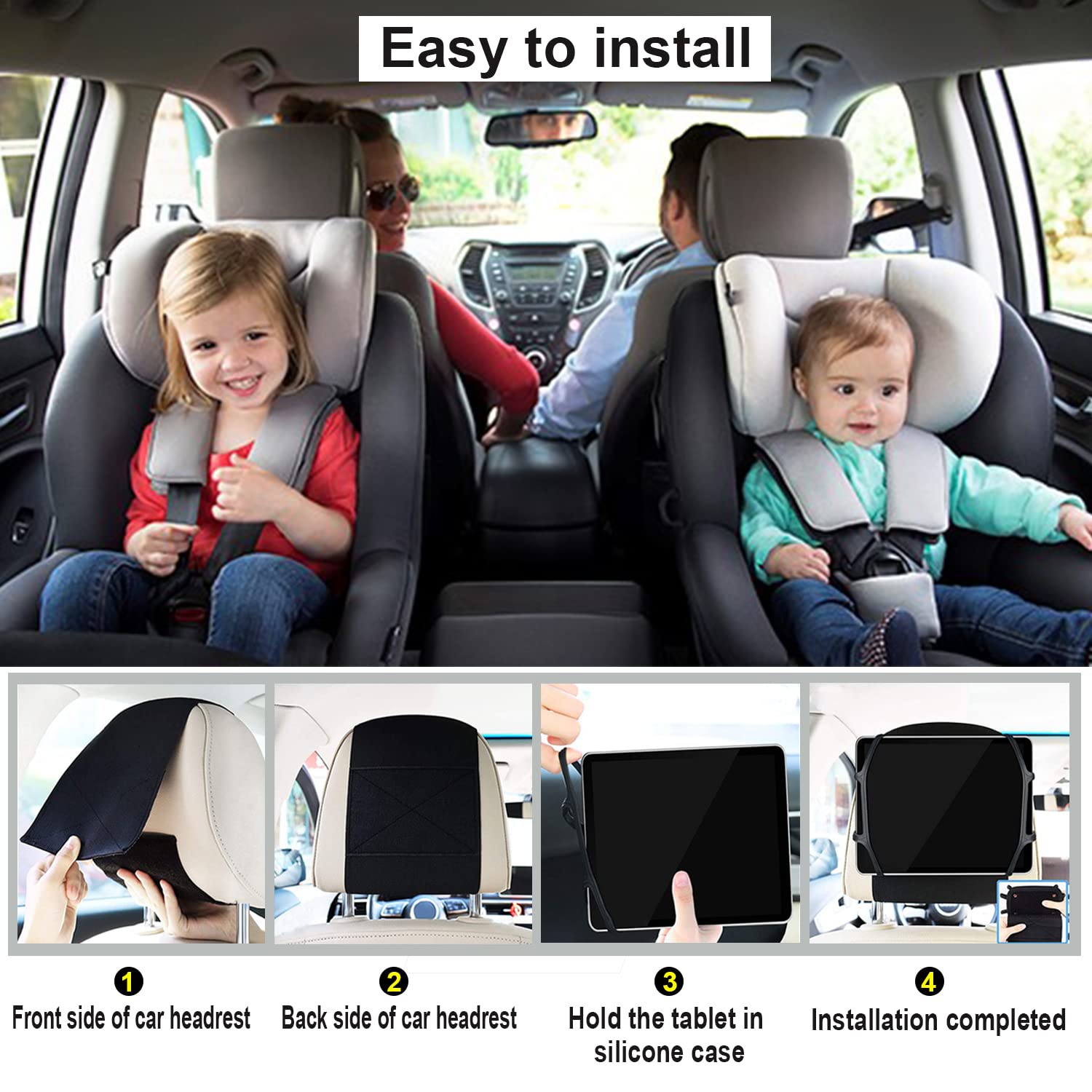 MONEER Upgraded Car Headrest Mount Holder, Tablet Holder for Car in Back Seat with Soft Silicon Holder Net and Anti-Slip Strap, Fits All 7-10.5 Inch Tablets/iPads