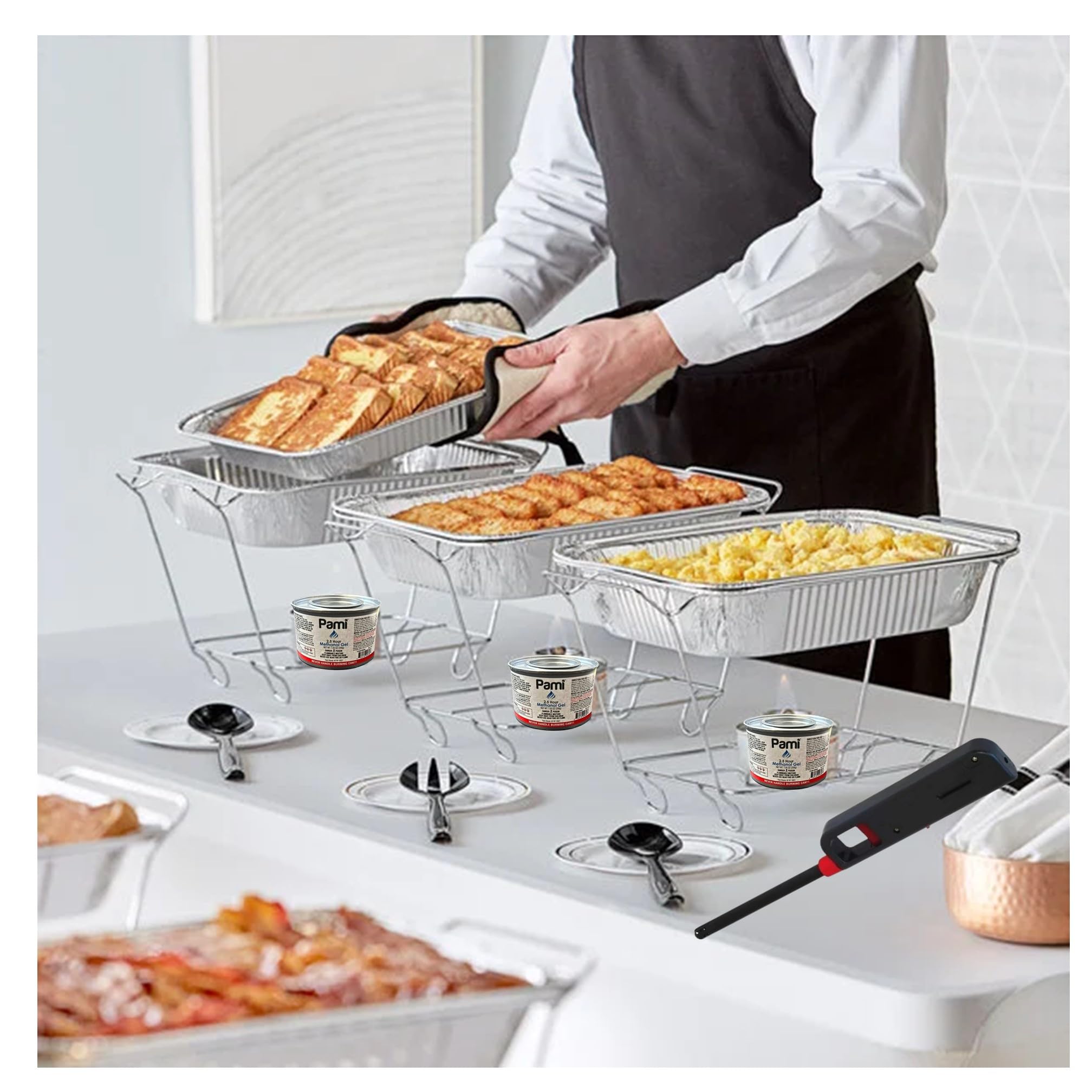 VeZee 28-Pcs Disposable Chafing Dish Buffet Set with Half Size Pans β Complete Catering Solution with Extra Fuel Cans & Lighter β Perfect Food Warmers for Parties & Events