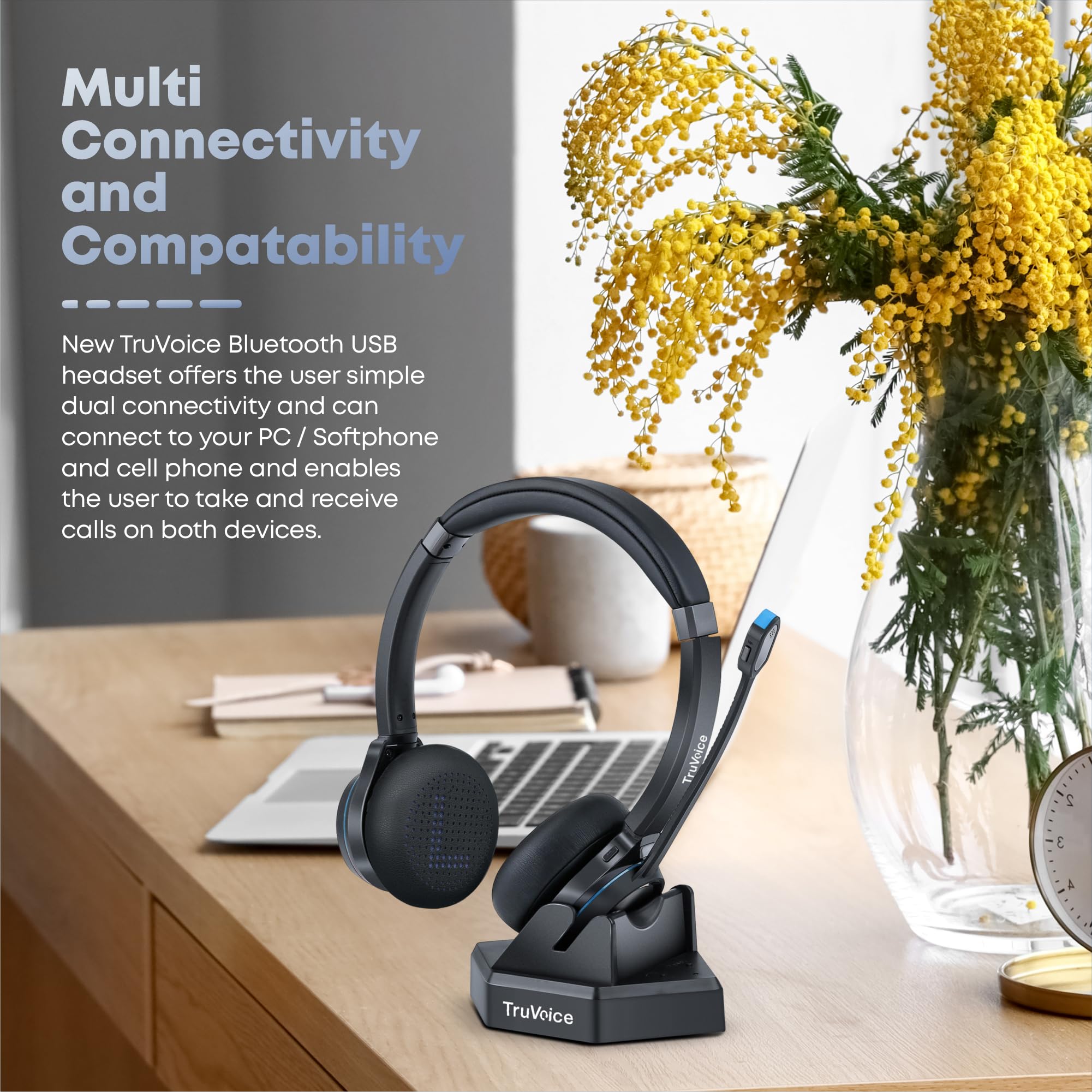 TruVoice BT55 Wireless USB Headset with Hi-Fi Audio and Noise Canceling Microphone - v5.2 Bluetooth Fast Charging Base and 15hr Talk time - Multi Connectivity with Both Computer and Cell Phone.