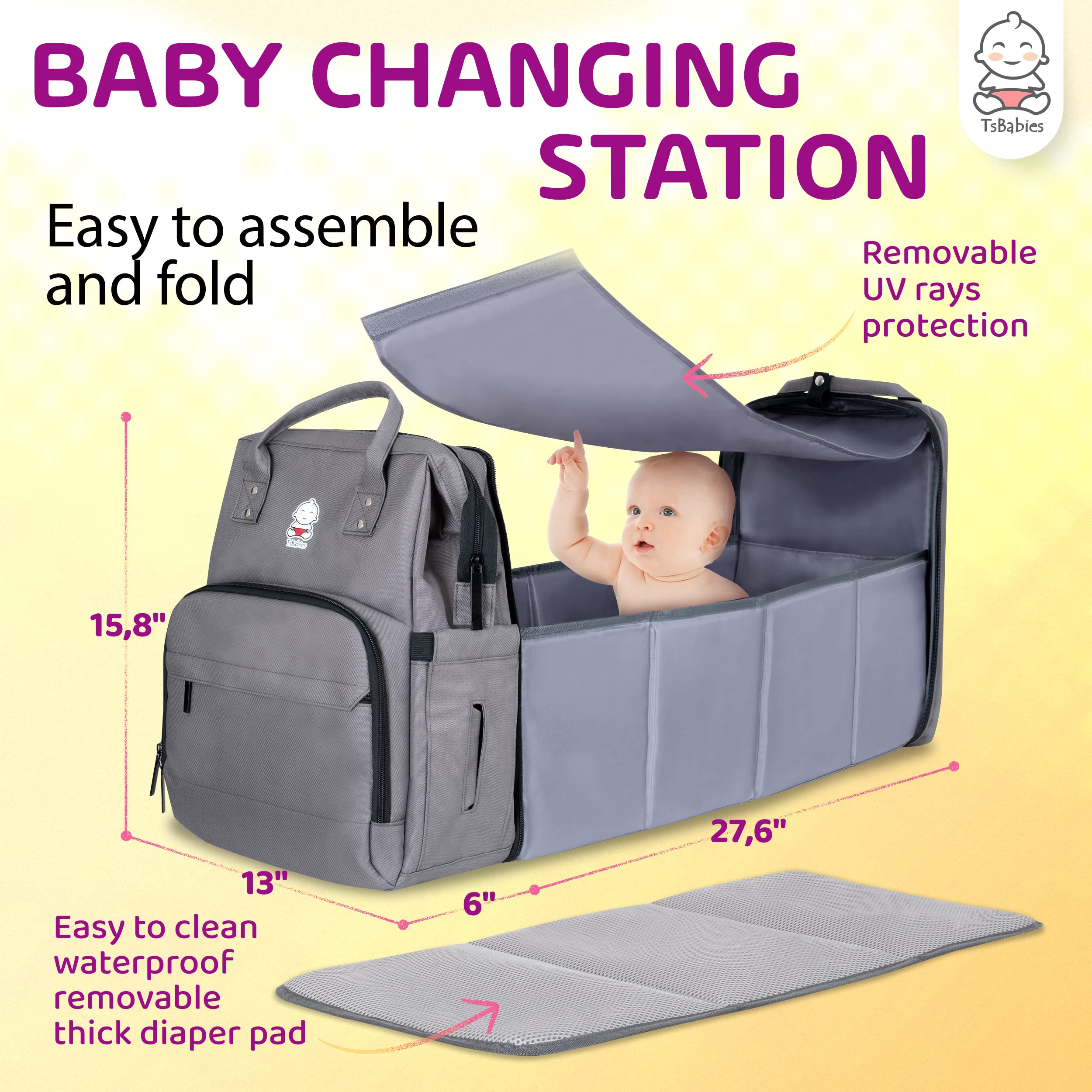 TsBabies Innovative Diaper Bag with Changing Station, Large Baby Bag, Diaper Bag Backpack with Insulated Pockets, Baby Shower Gifts