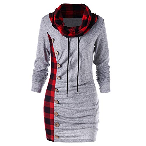 Pinkpaopao Splicing Plaid Printed Dress for Women Long Sleeve Button Decoration Mini Dress Ruched Drawstring Wrap Dress