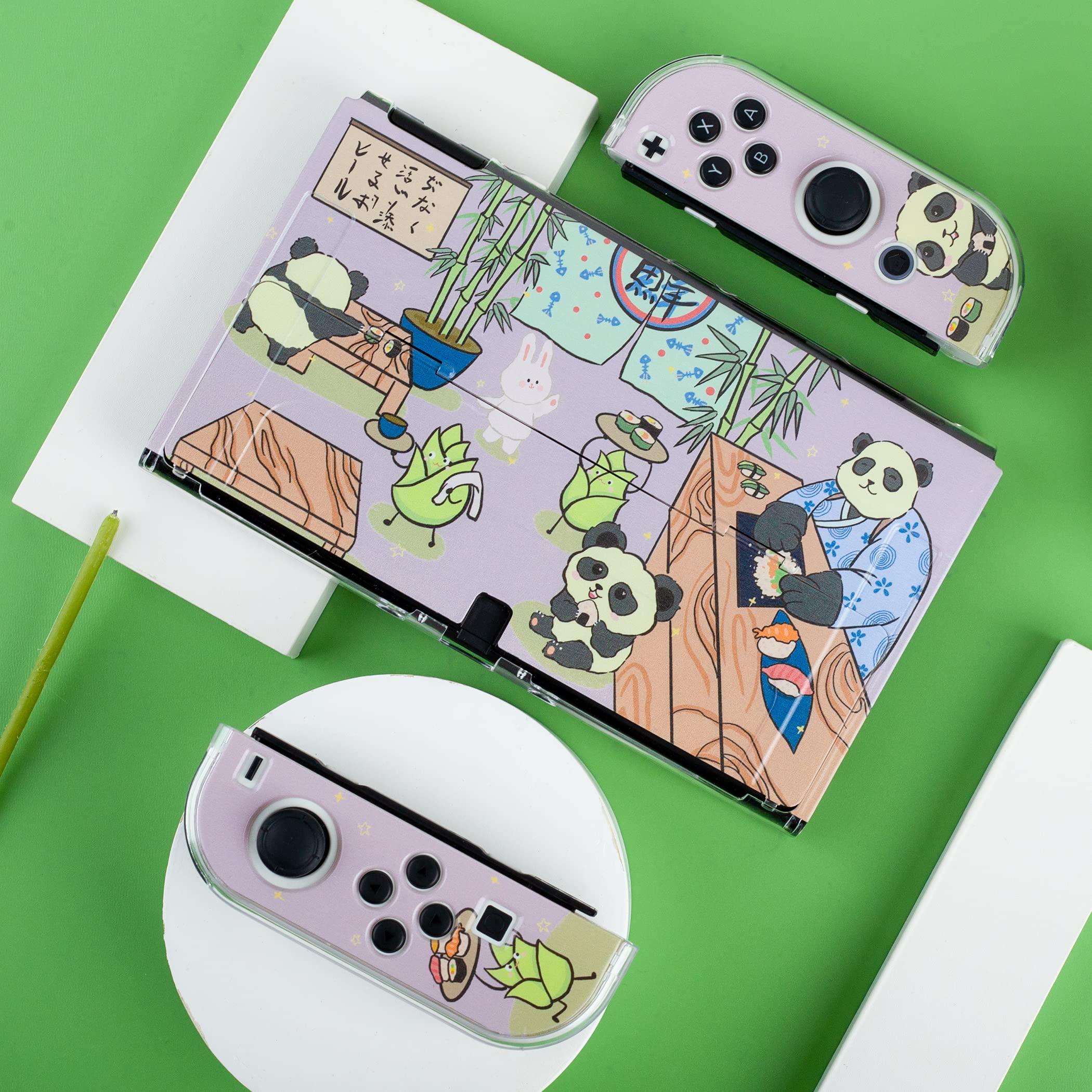 RHOTALL Clear Cover Case Compatible with Nintendo Switch OLED, Transparent Shell with Cute Pattern Design for Switch OLED Console, Comfort Grip Shell for Joycon Controller - Bamboo and Panda