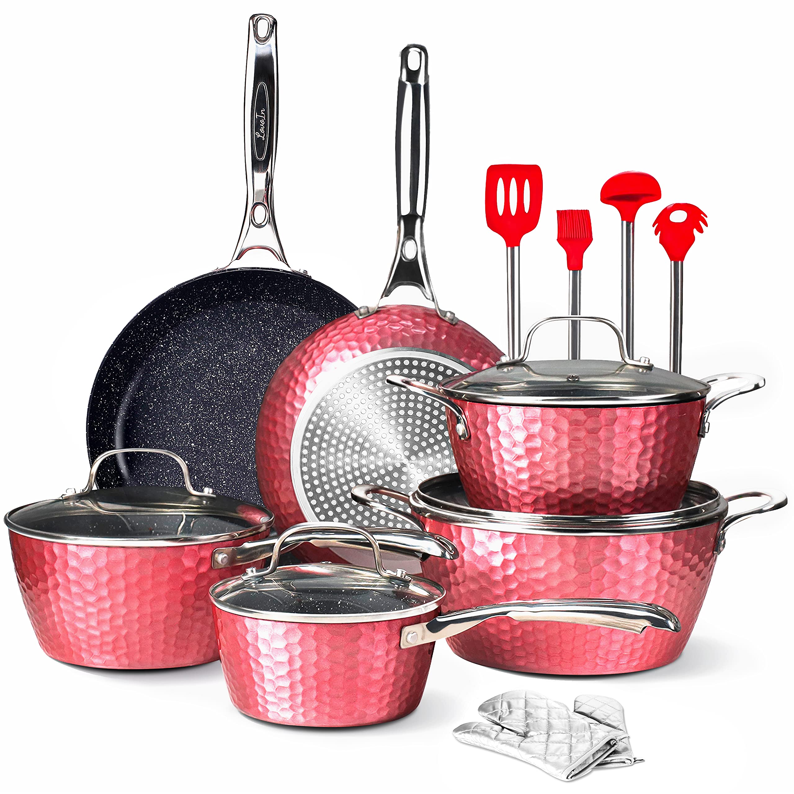 LovoIn Nonstick Cookware Set 16-Piece Hammered Kitchen Ware Pots & Pans Set Induction Cooking Pots Even Heating Pans, Oven/Stovetop Safe for Family Meals, Pink