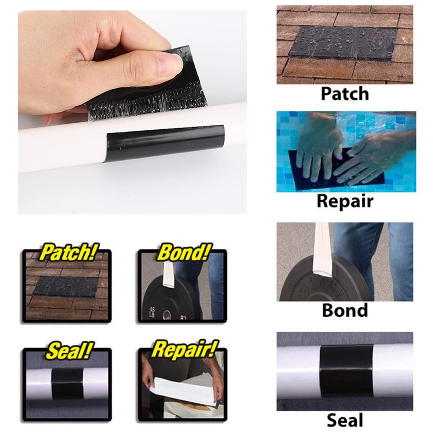 UZOU Flexible Tape, 4 in x 5 ft, Black,Thick Heavy Duty Rubberized Waterproof Tape - Seal and Patch Leaks, Works Underwater, Indoor Outdoor Projects - Home RV Roof Plumbing and Pool Repairs,White