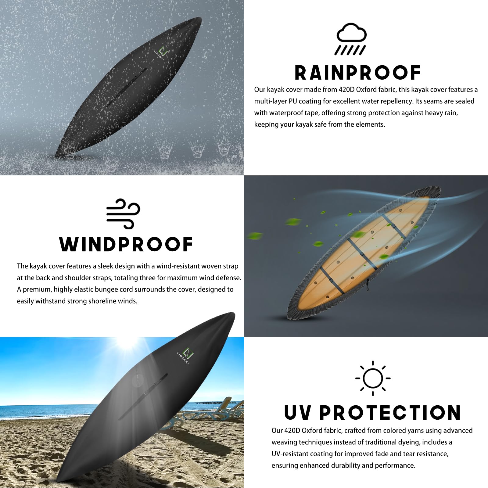 LIBZAKI 9.3-10.5ft Kayak Cover Accessories/Canoe Cover,Upgraded Thickened Waterproof & UV Protection Kayak covers for Indoor/Outdoor Storage-S-Black