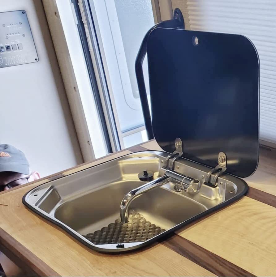 RV Sink Kitchen Bar Sink RV Stainless Steel Hand Wash Basin Sink with Folded Faucet Tempered Glass Lid Washbasin for Camper, Trailer, Caravan, RV, Home, Cafe, Bar, Boat