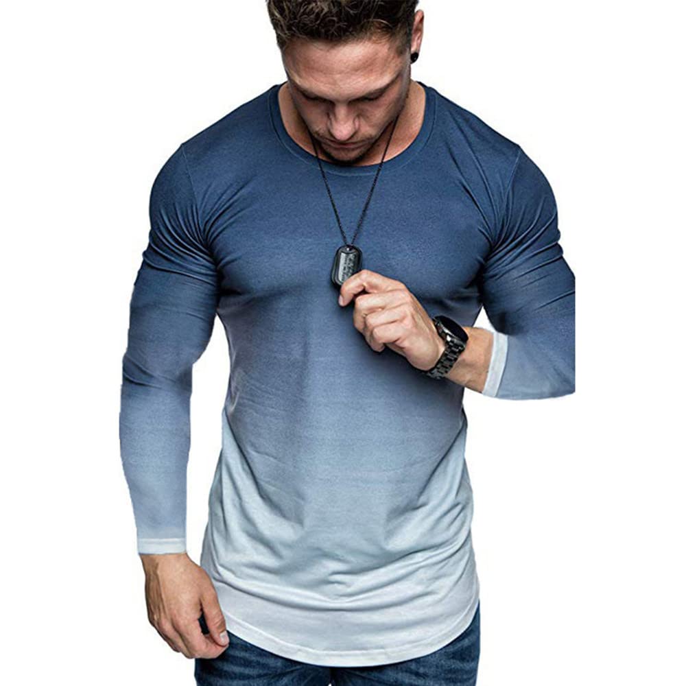Pejihota Mens Muscle Gym Athleisure Fitted T-Shirt Crew Neck Long Sleeve Gradient Tee Top Blue