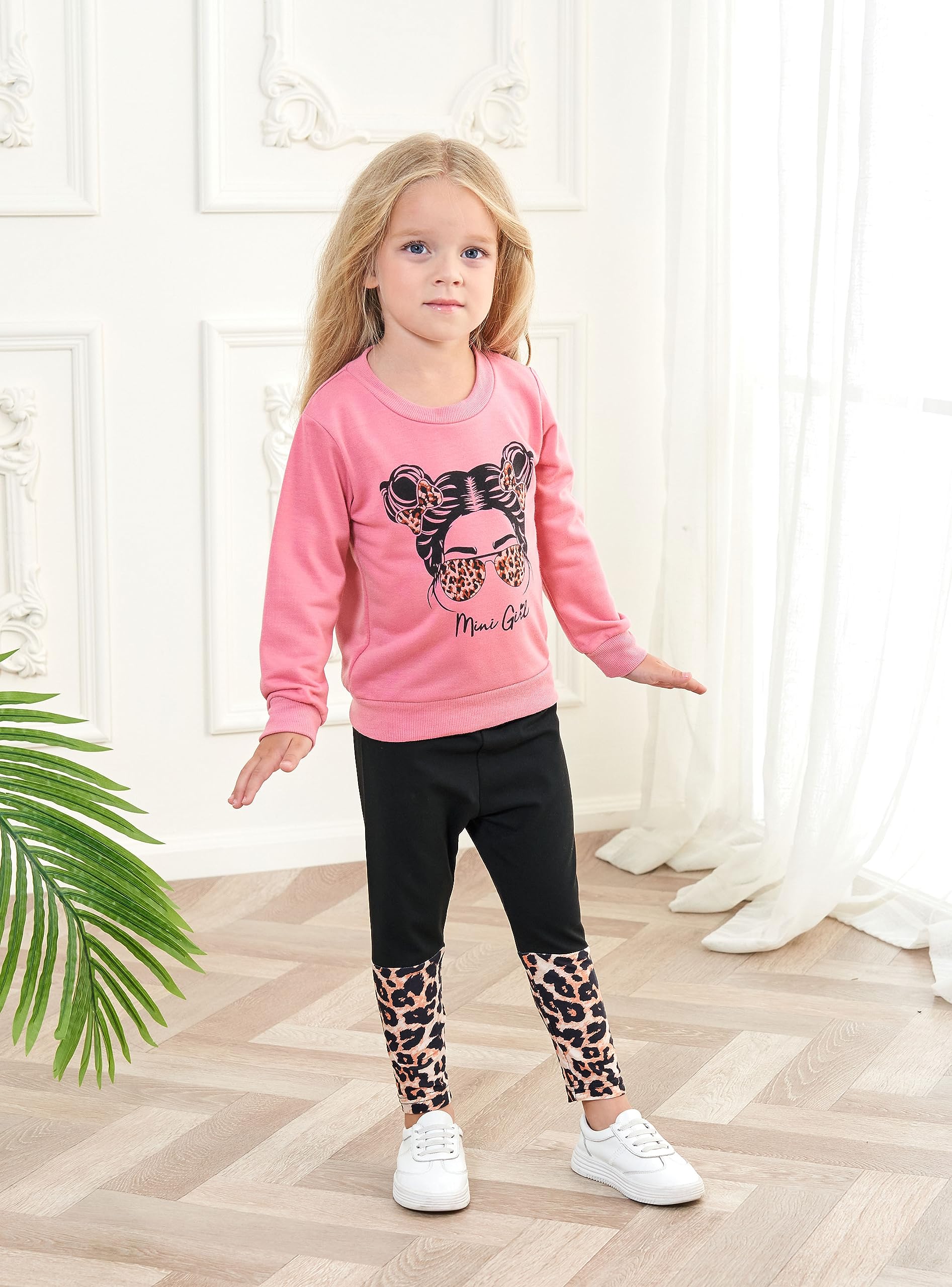 KIDLAGA Toddler Girl Clothes Figure Graphic Drop Shoulder Top Pullover Leopard Print Pants Fall Winter Outfit Set(5-6T)
