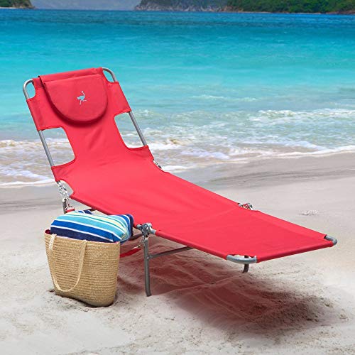 Ostrich Chaise Lounge Beach Chair for Adults with Face Hole (Red) and Rio Beach Portable Folding Backpack Beach Lounge Chair with Backpack Straps and Storage Pouch (Blue and Red)