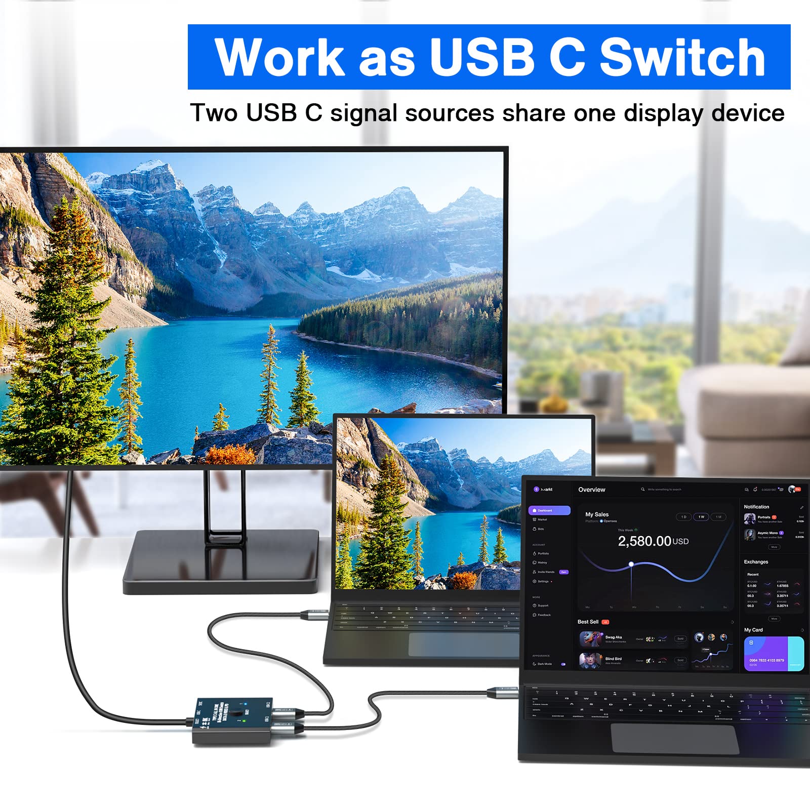 USB-C Switch,Bi-Directional USB C Switcher 2 in 1 Out/1 in 2 Out Type C KVM Switch Supports 8K@60Hz,4K@120Hz Video / 10Gbps Data Transfer/ 100w Power Delivery Compatible with Thunderbolt Device