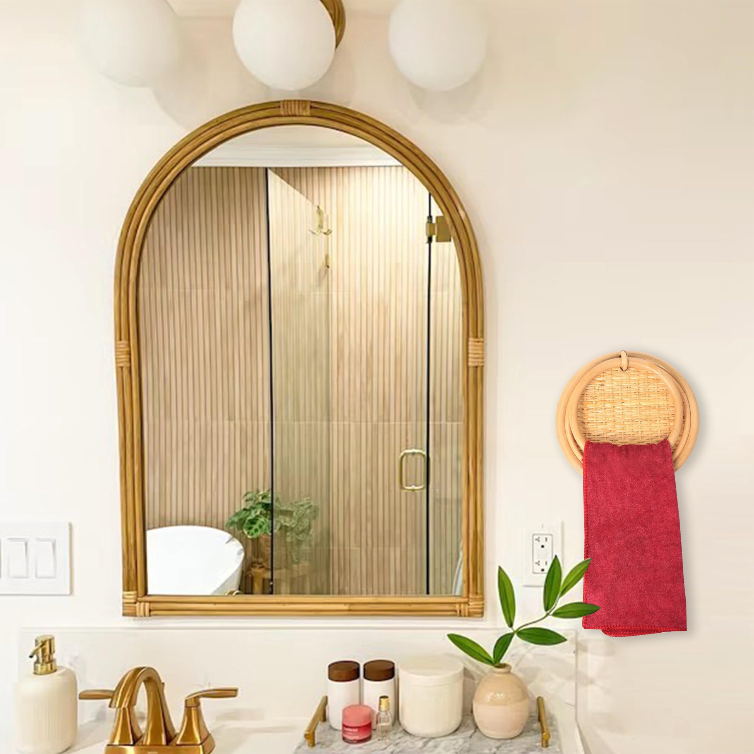 KUTORKILL Rattan Hand Towel Holder for Bathroom and Kitchen Wall - Modern Round Hand Towel Hanger Decorative - Boho Adhesive Hand Towel Ring for Bathroom Decor
