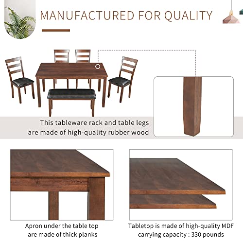 Woanke Simple Wooden 4 Upholstered Chairs and 1 Bench, Kitchen Dining Room Table Set for 5, Walnut Rectangular 6-Piece