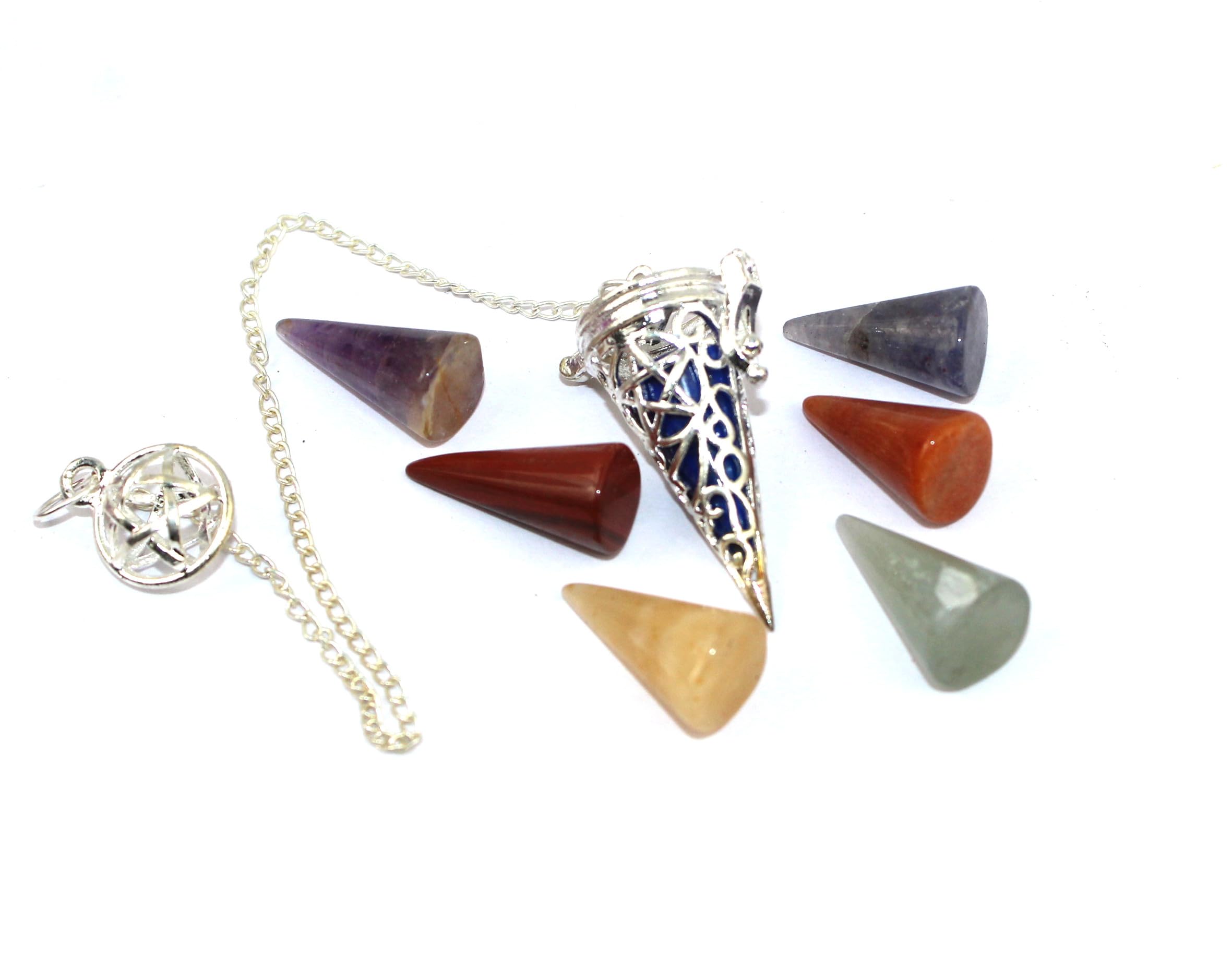 Jet International Jet Chakra Cage Pendulum 2" Free Booklet Crystal Therapy Interchangeable Chakra Cone Silver w/Pouch Divination Wicca Yes/No Pagan (Pentacle Star)