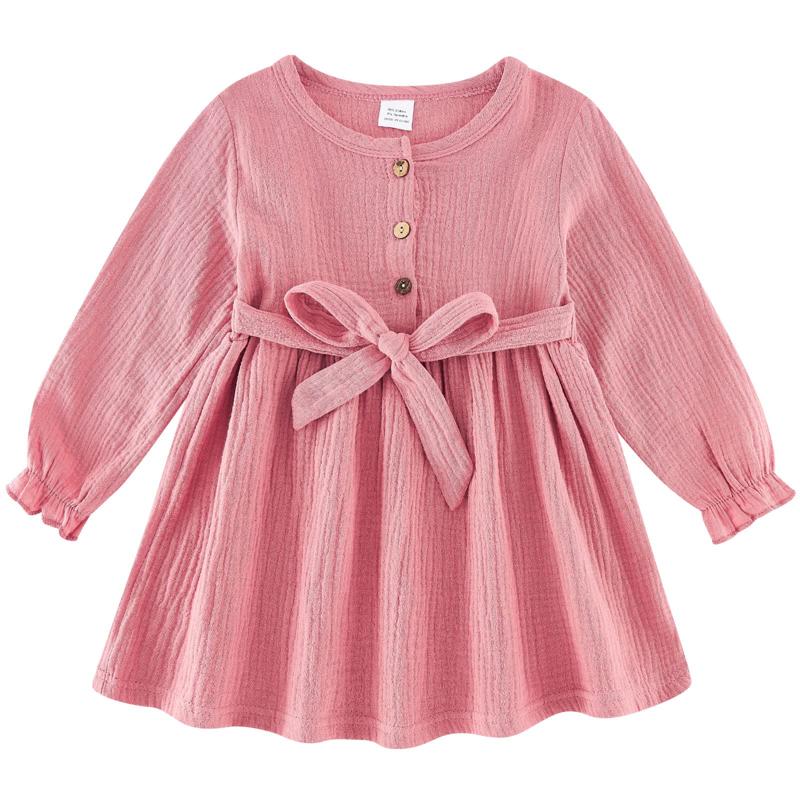 Toddler Pink Dress Long Sleeve Dress Size 4 5 Cotton Linen Plain Button Down Vintage Dresses Tea Party Bow Belt Spring Fall Dresses 4T 5T