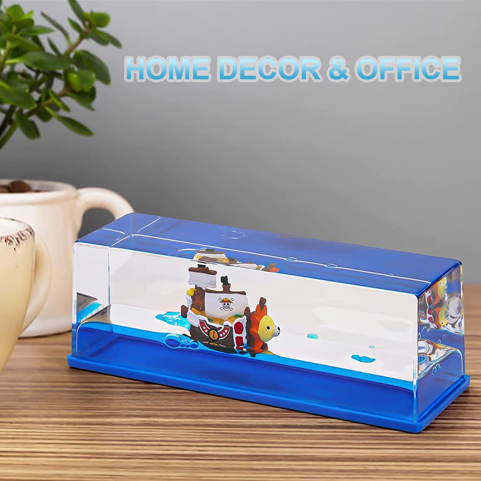 LAUPVXA Unsinkable Boat Pirate Ship, Housand Sunny Fluid Drift Bottle, Ship in a Bottle Cruise Ship Model Toy, Suitable, for Car Decor, Home Showcase Desktop Ornaments-Rectangle+Light base