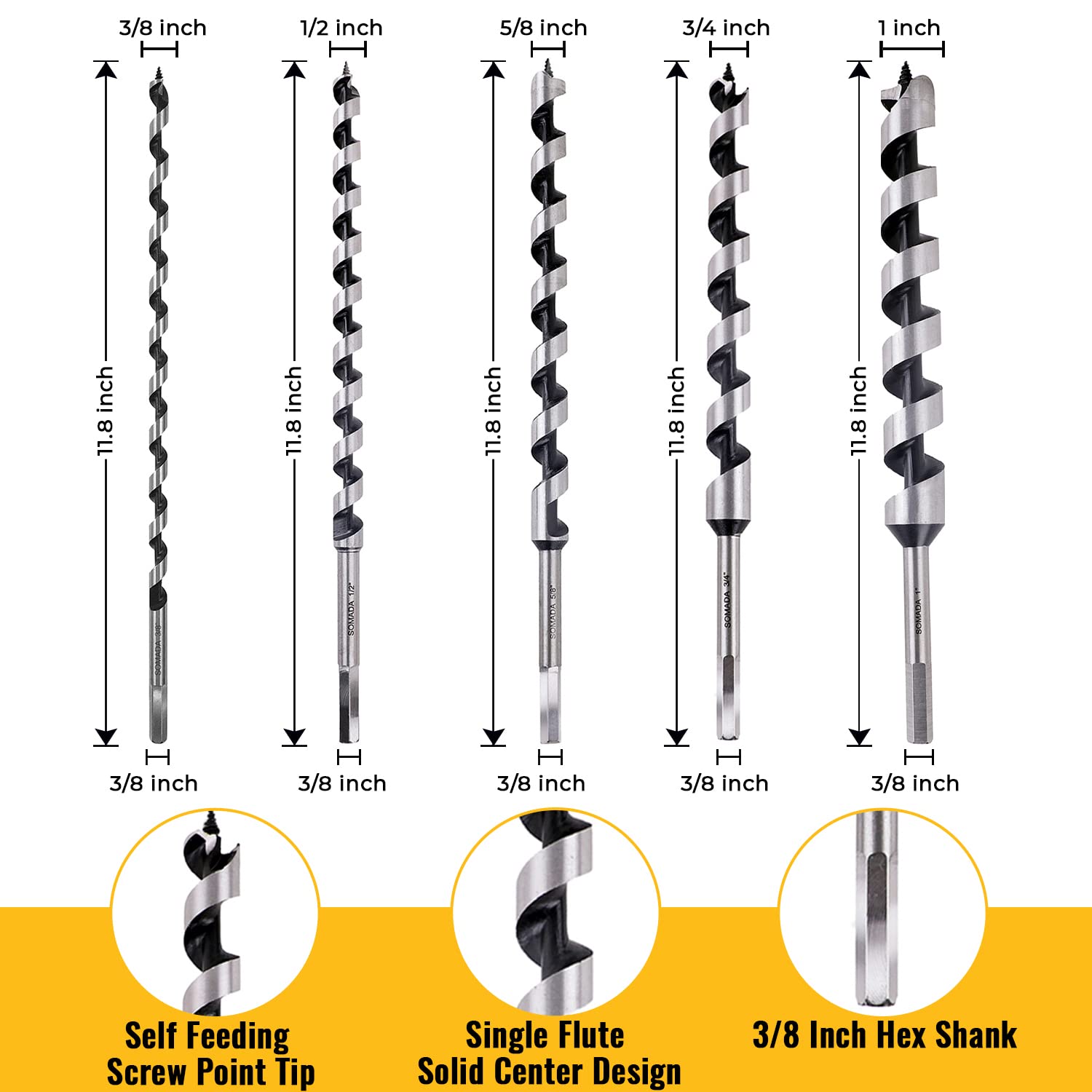 SOMADA Long Auger Drill Bit Set for Wood -5 Pcs, 3/8-Inch, 1/2-Inch, 5/8-Inch, 3/4-Inch, and 1-Inch Diameter with 12-Inch Long Hex Shank, Ship Auger Bit Set