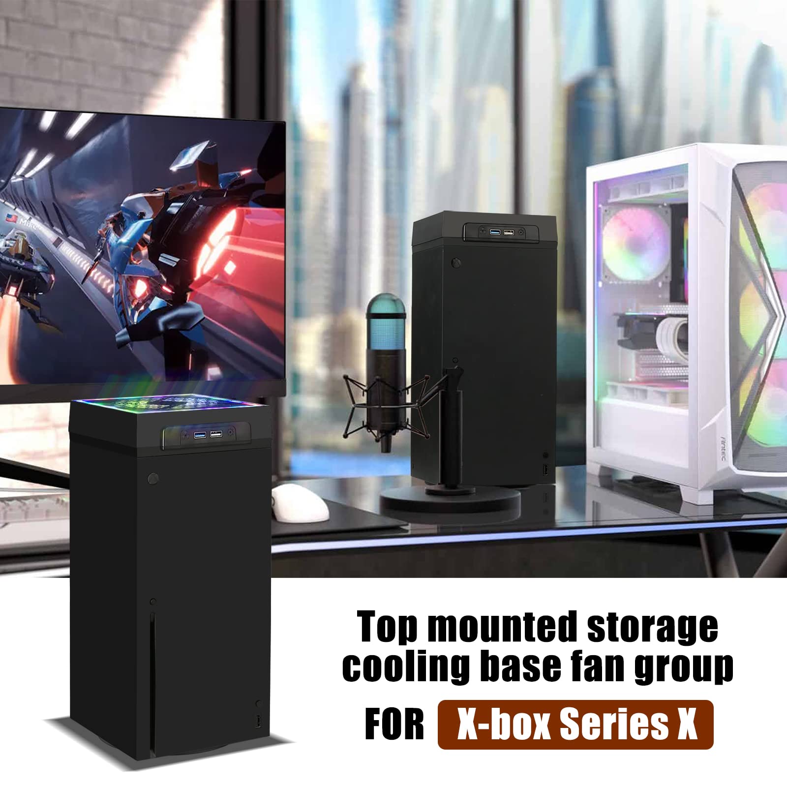 Raryars Cooling Fan for Xbox Series X with RGB and Upgraded 5 Inches Big Fan Low Noise Top Fan Adjustable Speed Cooler Fan System Extra 2 USB Port & Touch Switch