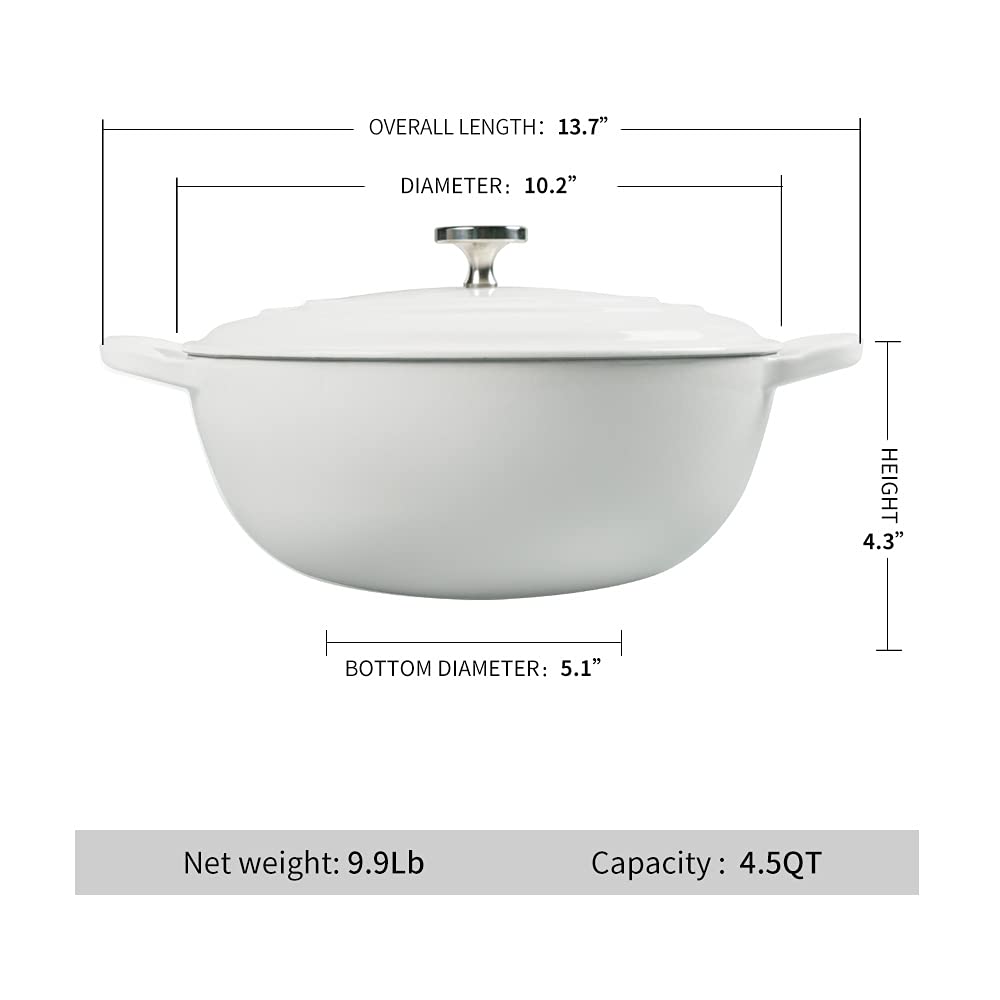 M-COOKER 4.5 Quart Dutch Oven, Enameled Cast Iron Covered Round Dutch Oven with Lid, Casserole, Cookware Pot, French Oven, White