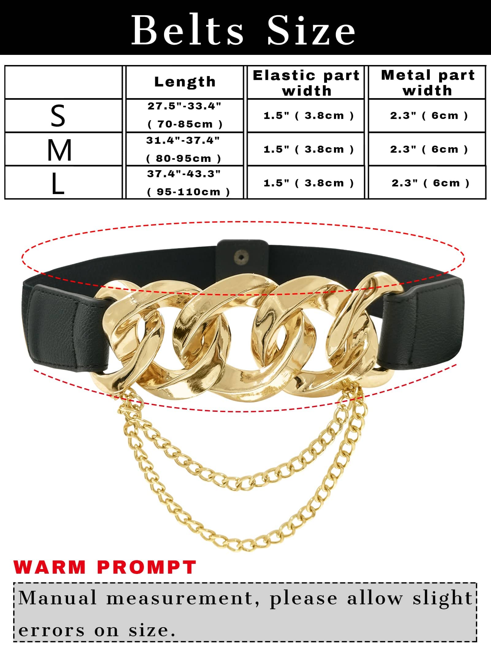 Pinra Leather Elastic Belts for Women Punk Stretchy Chain Belts Thick Black Belt with Gold Chain for Dress 70cm