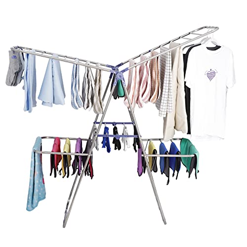 ZenStyle Clothes Drying Rack, 2-Level Laundry Drying Rack with Sock Clips, Stainless Steel Foldable Laundry Hanger with Height-Adjustable Gullwings for Clothes, Towels, Sheets, Silver