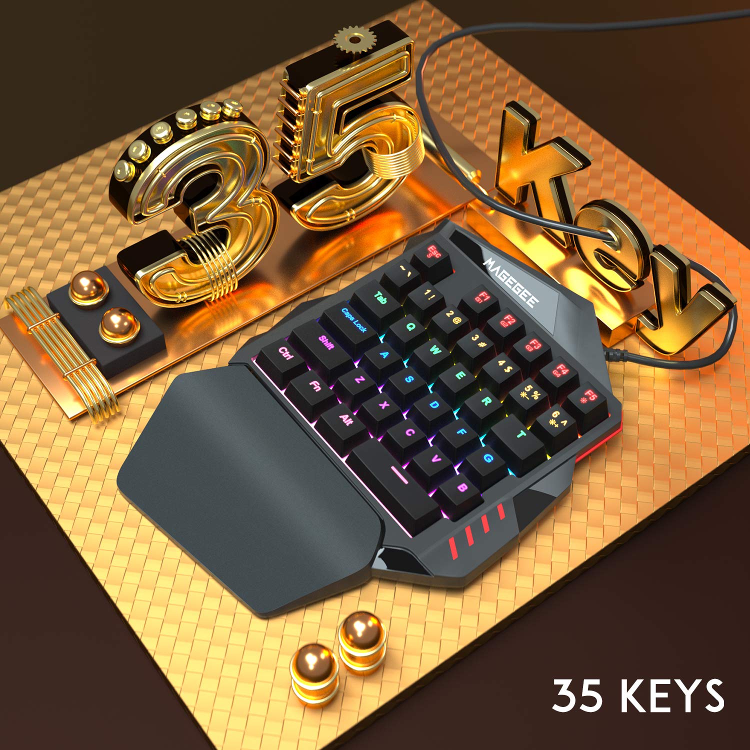 MageGee One-Handed RGB Mechanical Gaming Keyboard, 35 Keys Rainbow Backlit Wired Keyboard, Black Switches, Support Wrist Rest, Portable Mini Gaming Keypad with Programmable Keys Macro Recording