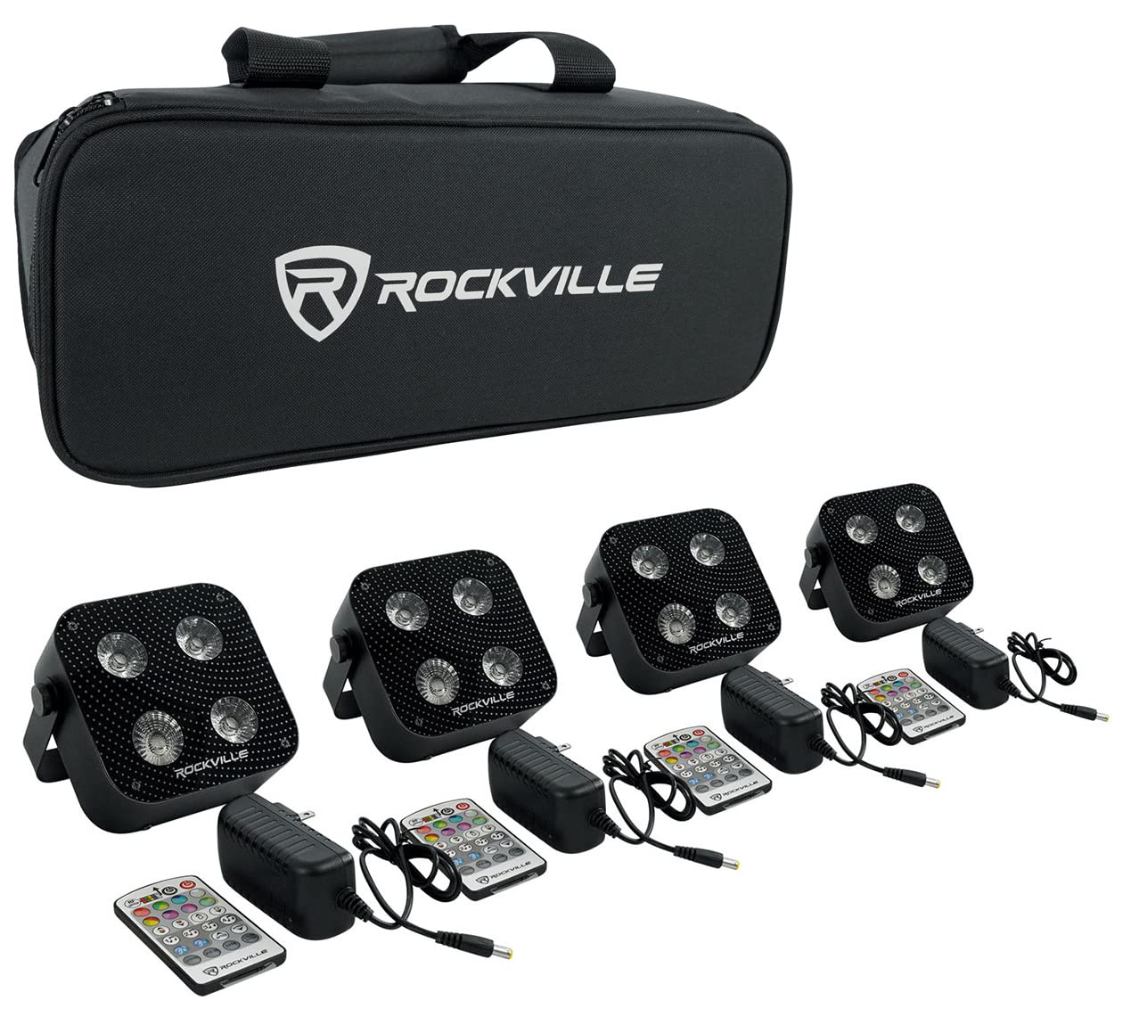 Rockville 4 Pack Mini RF4 Black DJ/Party Wash Up Lights+Bag+RF Remotes+Wireless DMX