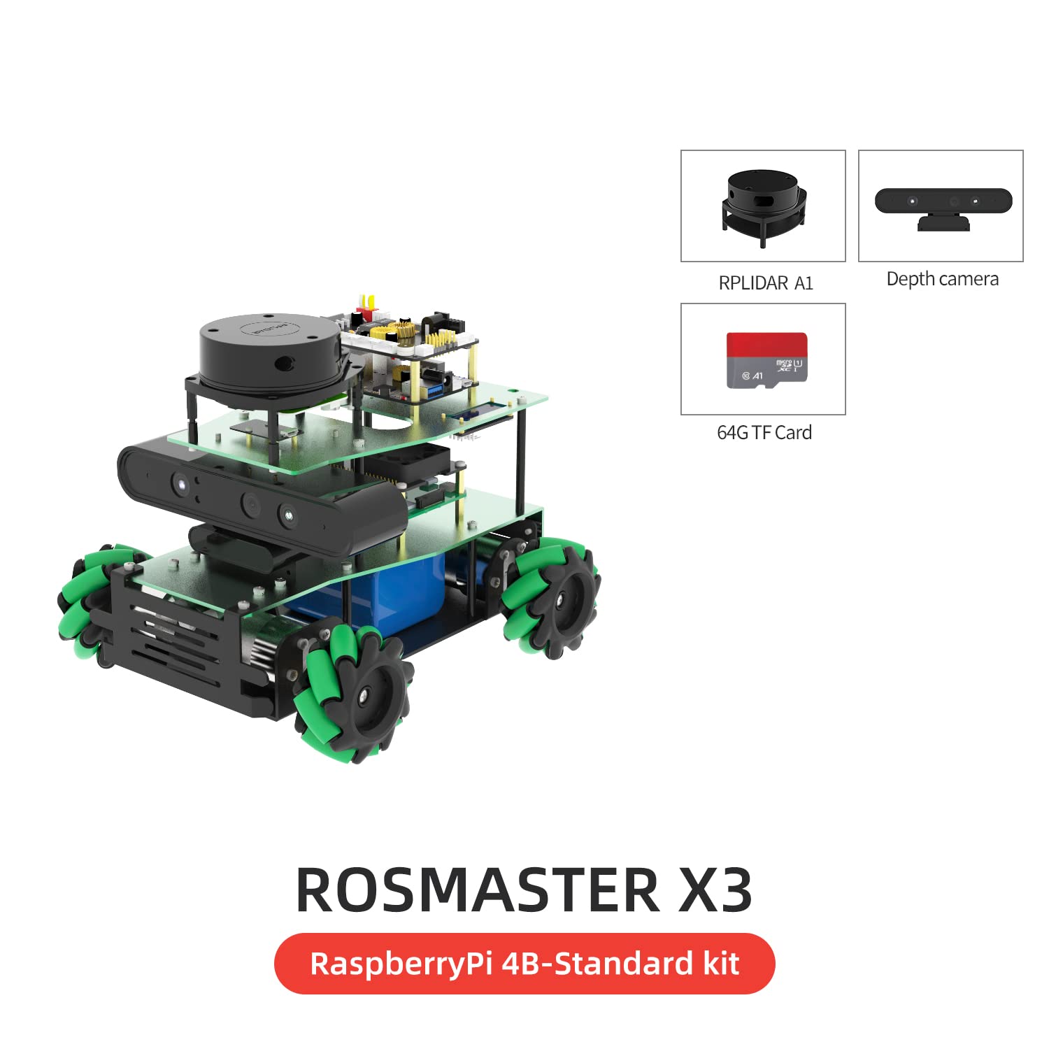Raspberry Pi 4B ROS Robot Lidar Mapping Navigation Depth Image 3D Analysis Mecanum Wheel Python Programming Learn Explore Robotic Kit(Pi Standard Ver-Without Pi)