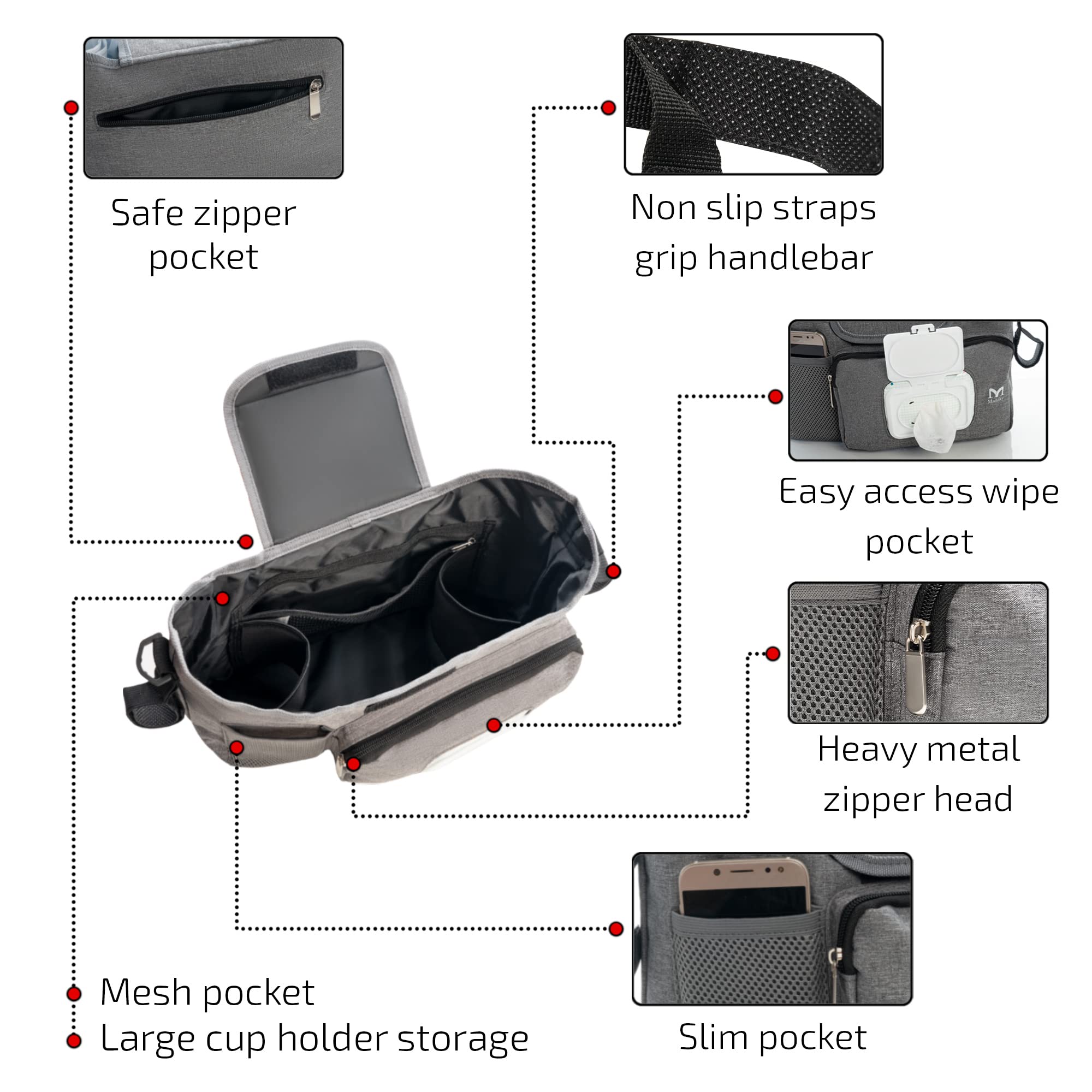 Mahiky Universal Baby Stroller Organizer Stroller Accessories Bag Stroller Storage Bag with Cup Holders Stroller Organizer Parent Console Stroller Storage Pouch with Easy Access Wipes Pocket