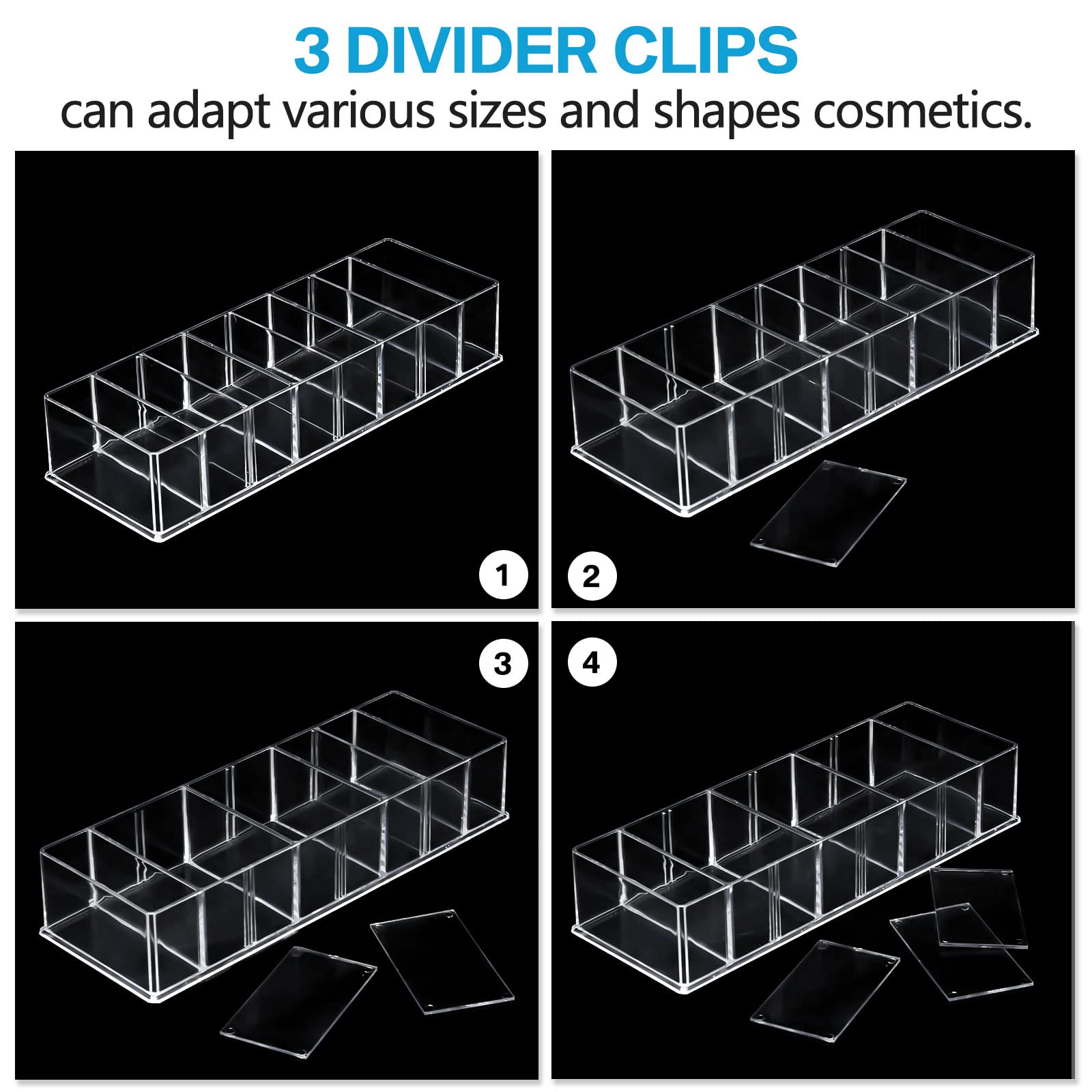 Tuanse 4 Pieces Acrylic Makeup Compact Organizer Detachable 8 Spaces Clear Vanity Drawer Organizer Eyeshadow Palette Storage for Lipstick Highlighter, Skincare Cosmetic Display Cases for Bathroom