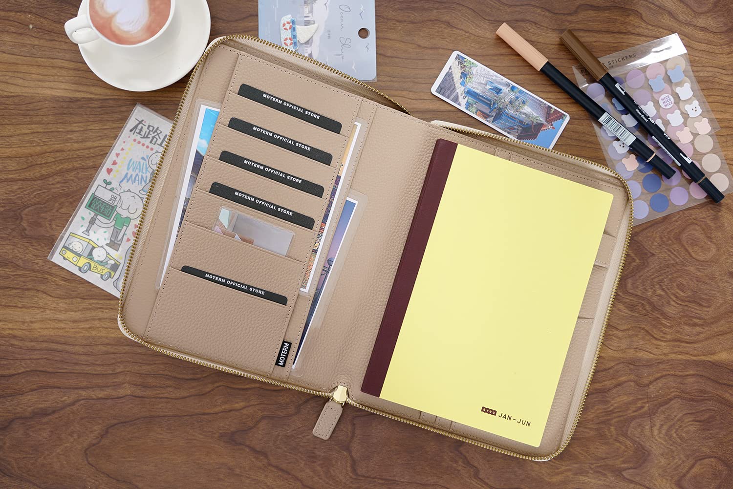 Moterm Zippered Leather Cover for A5-Notebooks - Fits Hobonichi Cousin, Stalogy and Midori MD Planners (Pebbled-Taupe)