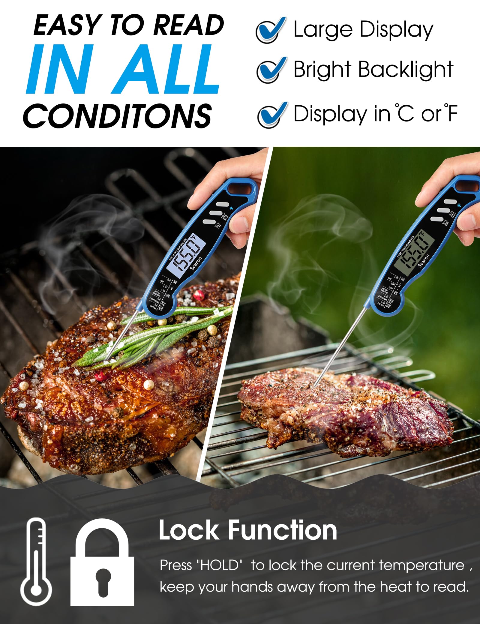 Searon Meat Thermometer,Calibration Feature Digital Food Thermometer with Instant Read Out,Backlight and Waterproof,Kitchen Thermometer for BBQ Grilling, Smoker, Baking Turkey