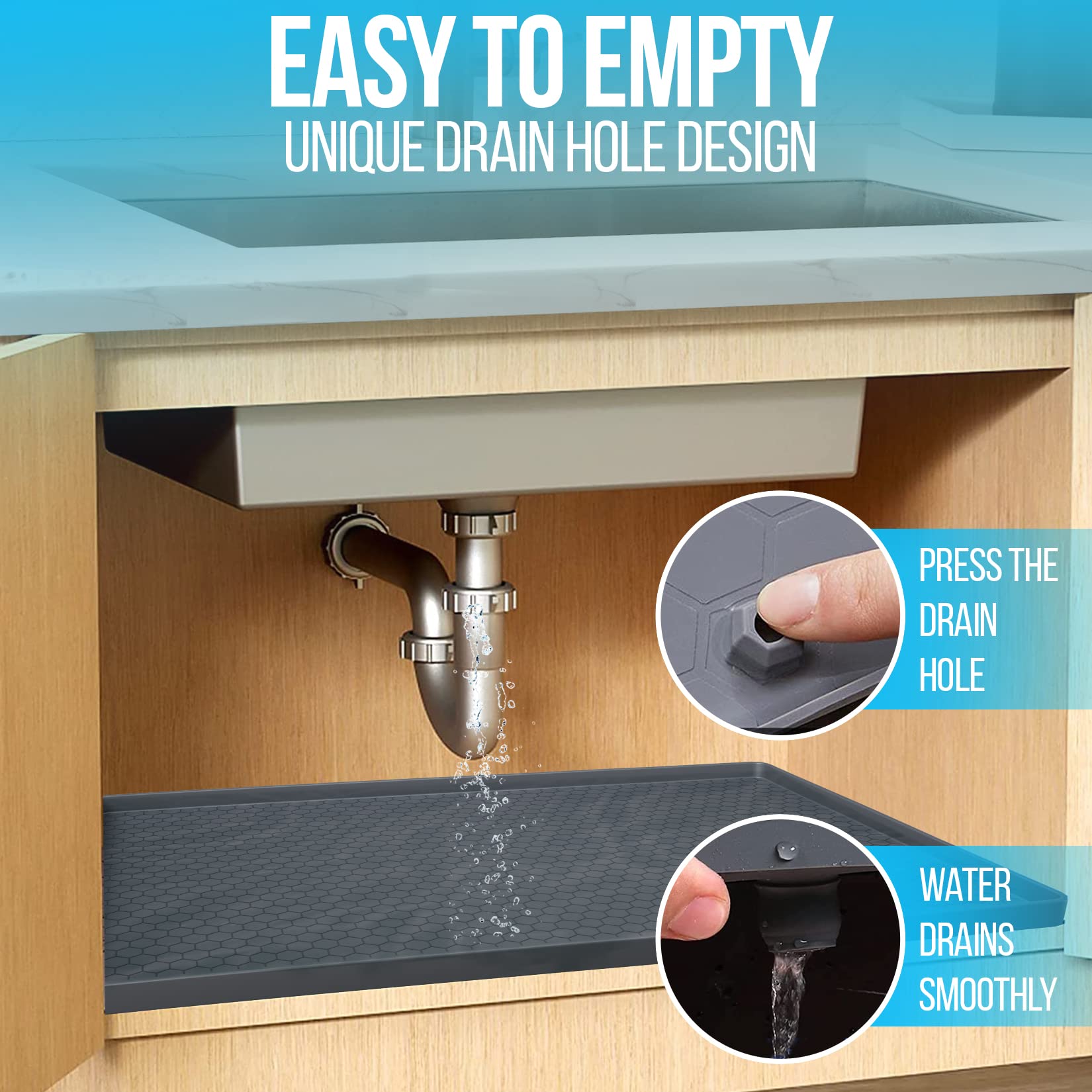 MARAL'S SHOP Waterproof Under Sink Mat - Cut to Fit Sink Mat for Kitchen & Bathroom Cabinet - Tray Liner with Drain Outlet for Liquids, Water - Durable, Flexible & Washable Silicone Material - 34x22"