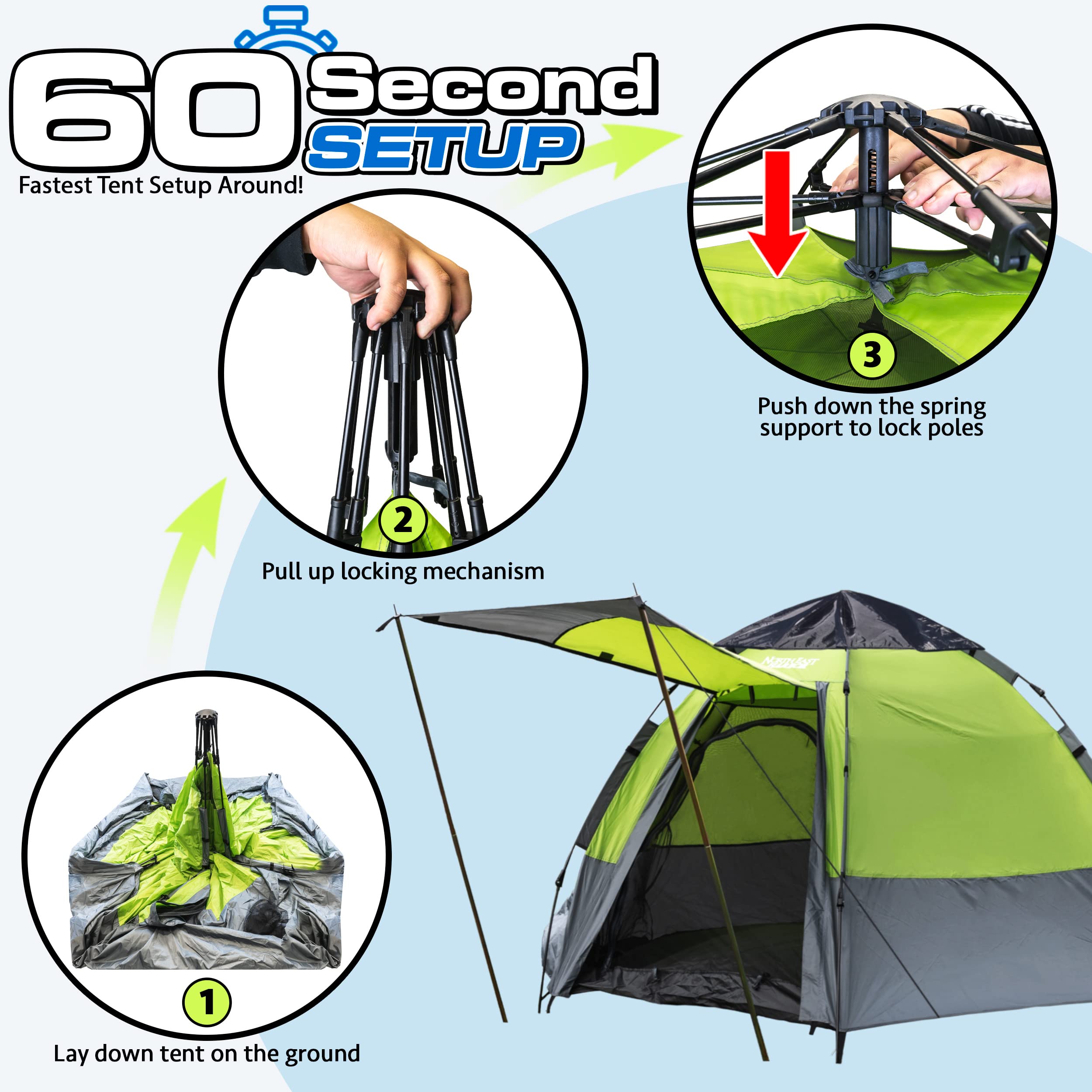 NEH 5-Person Camping Tent Instant Setup Waterproof Double Layered Material, Green, 8.9'L x 8.9'W x 5.25'H, Portable Carry Bag Included