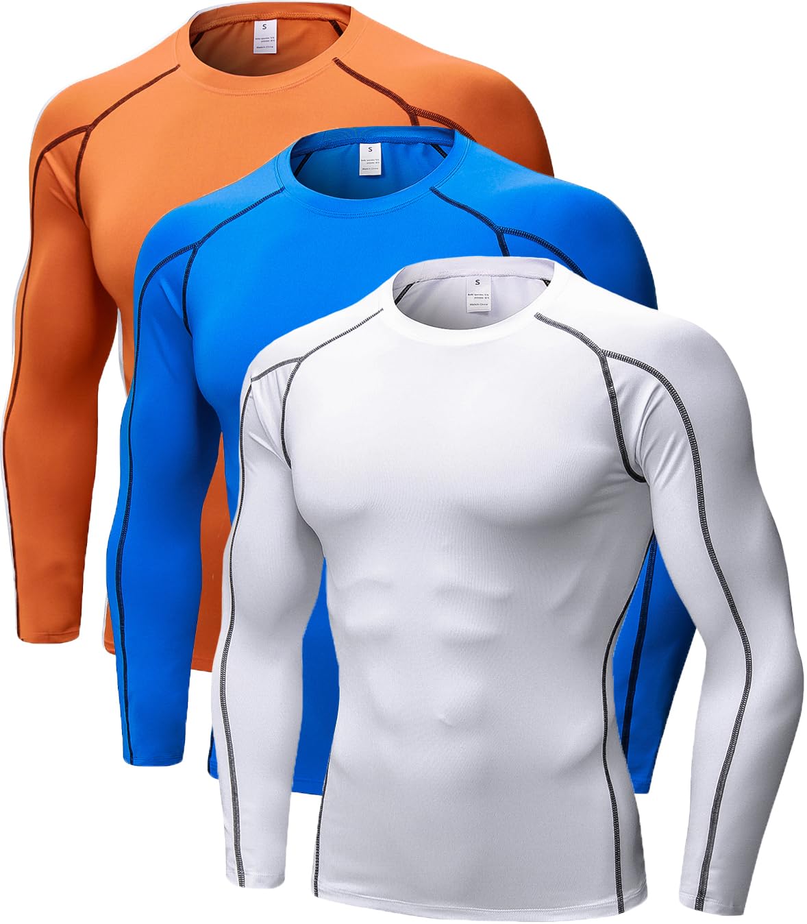 Queerier 3 Pack Men's Compression Shirts Long Sleeve Athletic Workout Tops Gym Undershirts Active Sports Baselayers, Blue + Orange + White