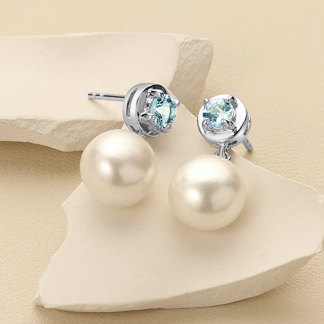 Peora 8mm Freshwater Cultured White Pearl and Aquamarine Dangle Drop Earrings 925 Sterling Silver, March Birthstone