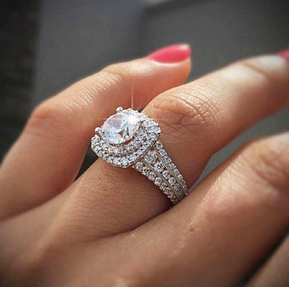 MAIHAO Princess Square Simulation Diamond Ring Double-Layer Super-Flash Zircon Ring in 925 Sterling Silve Cubic Zirconia Promise Halo Engagement Wedding Band Ring Size 6-10 (Size 8)