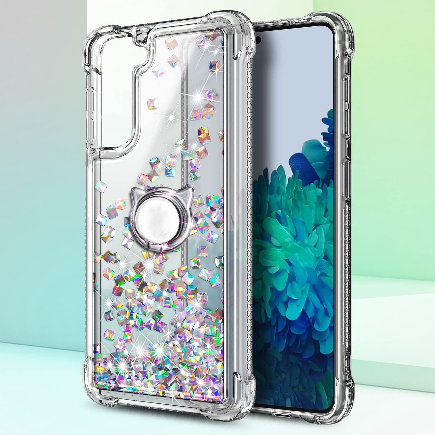 NGB Case for Samsung Galaxy S21 5G with Screen Protector (Maximum Coverage, Flexible TPU Film), Ring Holder, Girls Women Liquid Bling Sparkle Fashion Glitter Clear Cute Phone Case (Gem)