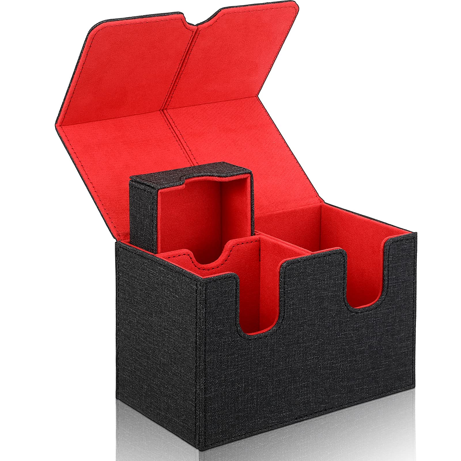 Silkfly Deck Card Boxes Double Sleeved Compatible with MTG TCG CCG Decks Flip Storage Card Deck Carrying Case with Dice Tray Deck Holder for over 200 Trading Cards(Black Red)