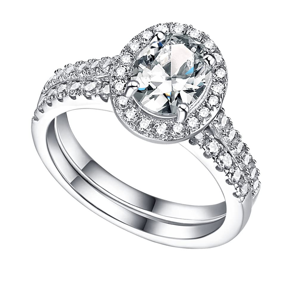 Oval Bridal Sets Wedding Ring Set for Women White Gold 1 Carat Center Moissanite Engagement Ring Set Platinum Plated Silver 10K 14K 18K Gold Ring with Text Engraving (size 7)