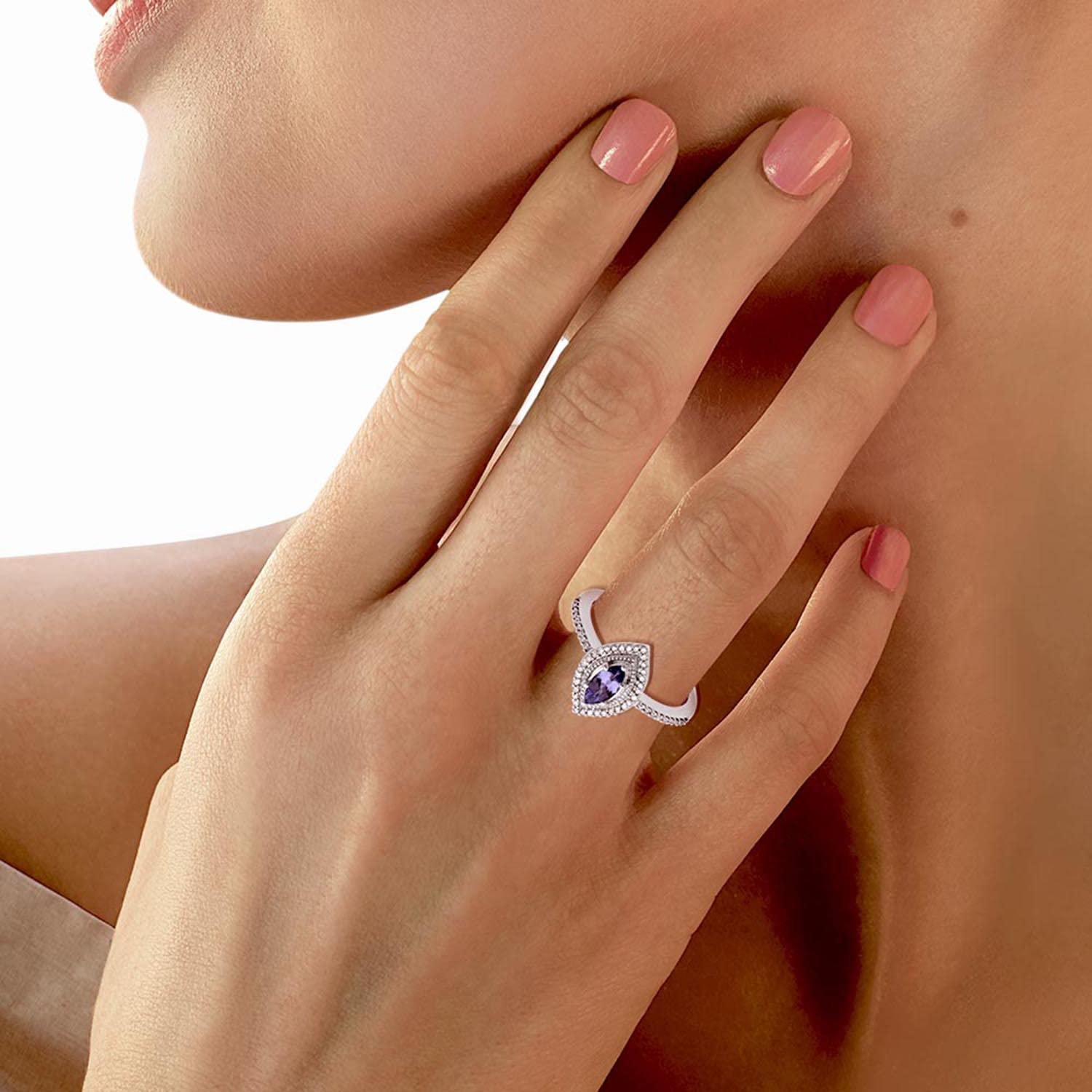 Jewelili 10k White Gold Marquise Tanzanite with White Diamond Fashion Ring, Size 7