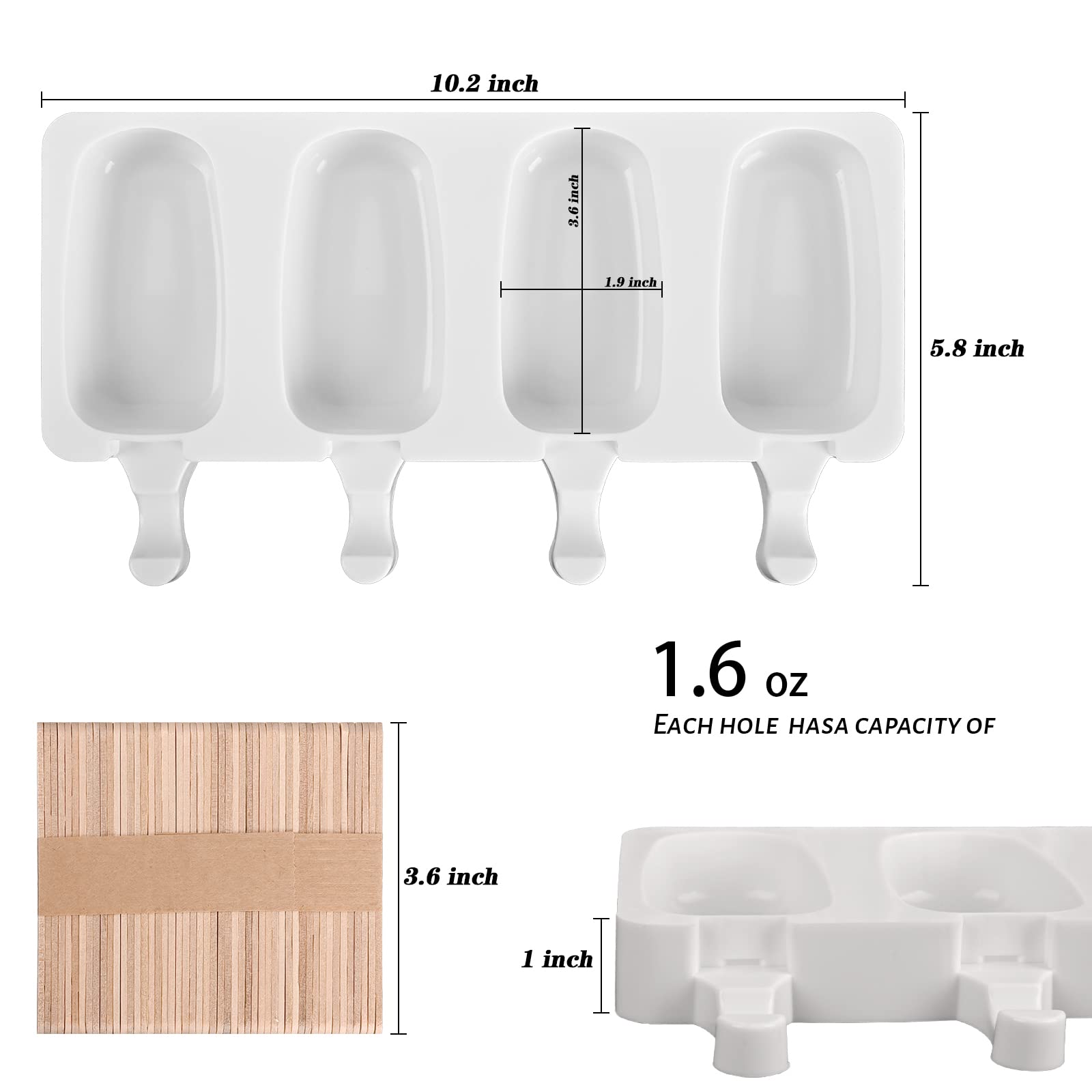 Sakolla 3 Pack Large Popsicle Molds 4 Cavities Cake Pop Silicone Molds Oval Ice Cream Cakesicle Molds for Chocolate Baking with 100 Wooden Sticks