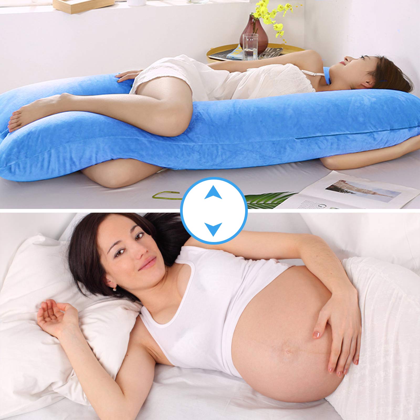Mandzixin Pregnancy Pillow, Maternity Body Pillow with Velvet Separate Support Pillow Removable Cover,Side Sleeping and Back Hips, Legs Support for Pregnant Women (Light Blue, U Shaped+Body Pillow)