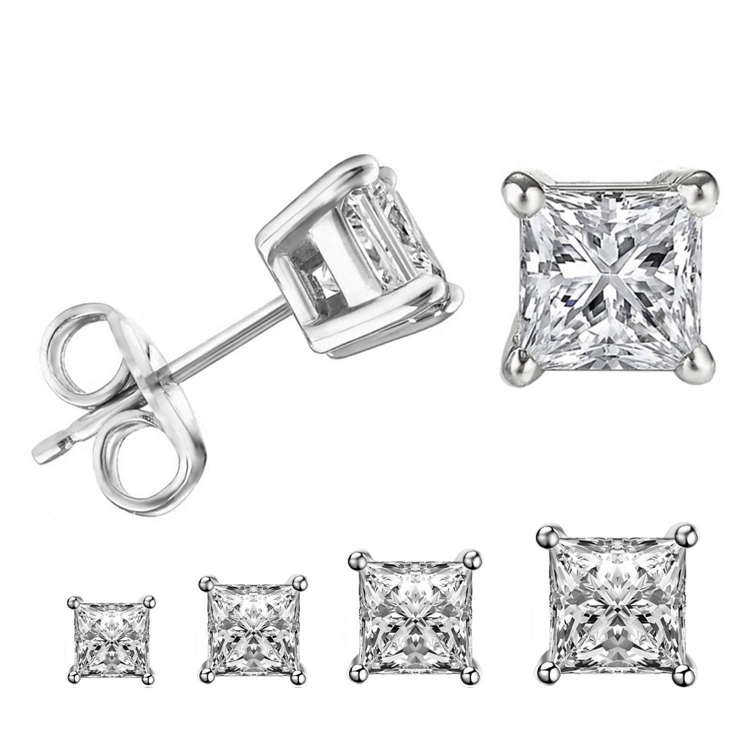 LIEBLICH Princess Cut Cubic Zirconia Stud Earrings Stainless Steel Square Earrings Set 4 Pairs 3mm-6mm (Silver)