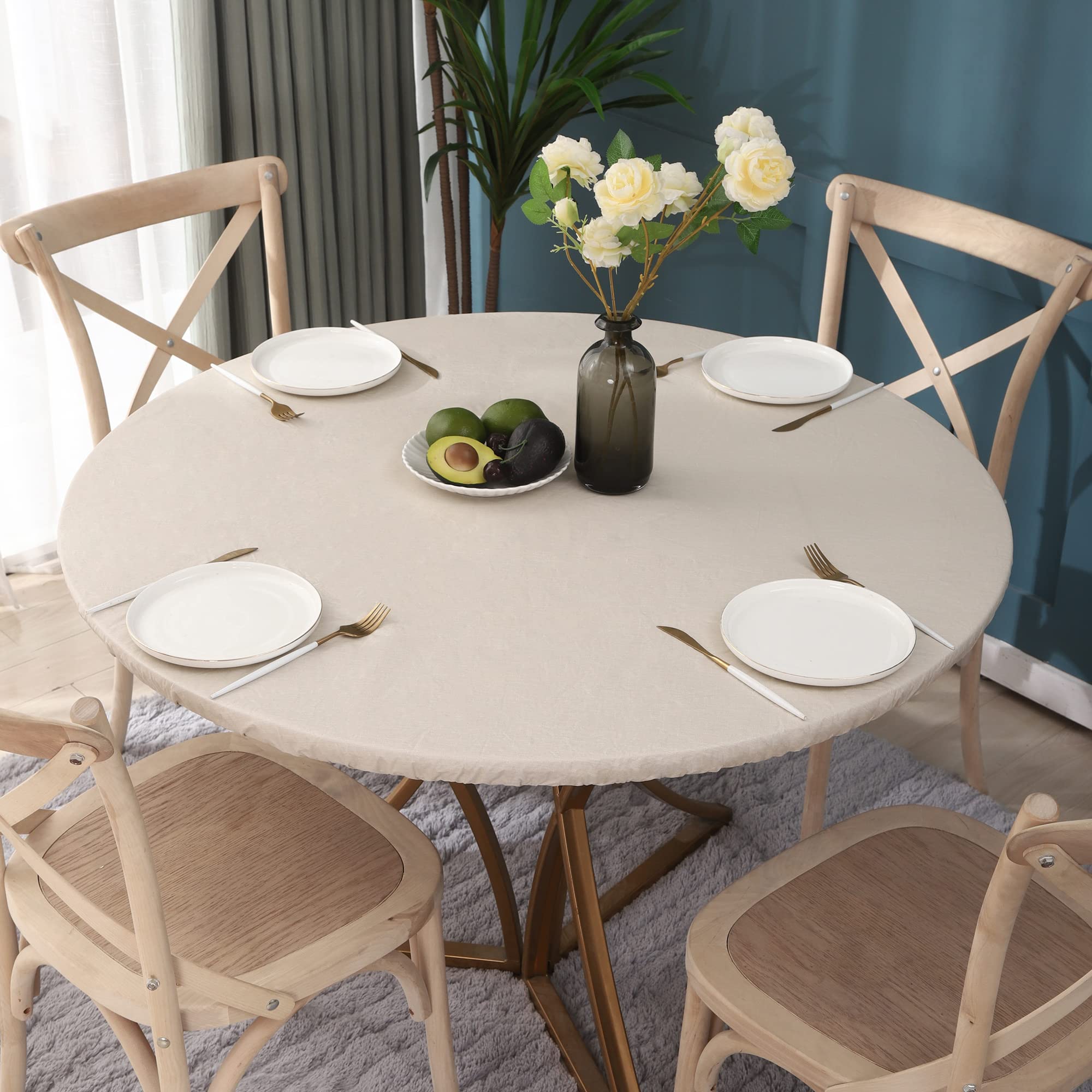 Round Fitted Vinyl Tablecloth with Elastic Edge Flannel Backed Waterproof Oil-Proof Table Cover Stain-Resistant PVC Table Cloth for Round Table (Beige, Large Round Fits Table up 45"-56" Diameter)