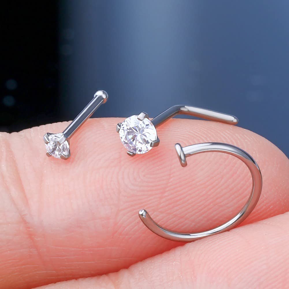 OUFER 20g Nose Ring Hoop, 3PCS Grade 23 Solid Titanium Nose Rings, Clear CZ Nose Stud, L Shaped Nose Piercing Jewelry