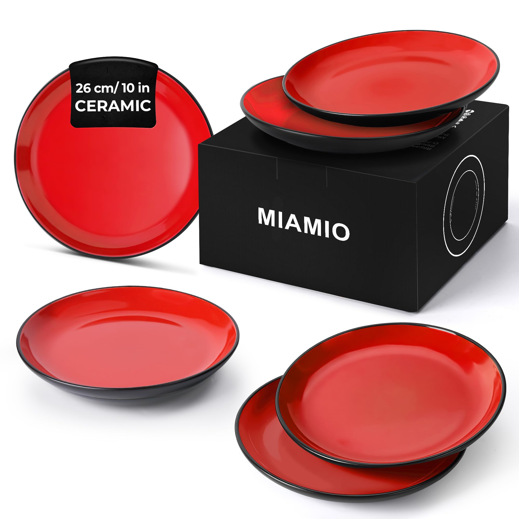 MIAMIO – 6 x Plate/Dinner Plate Set Stoneware Ceramic Tableware Set - Le Papillon Collection (Red, 10 Inch)